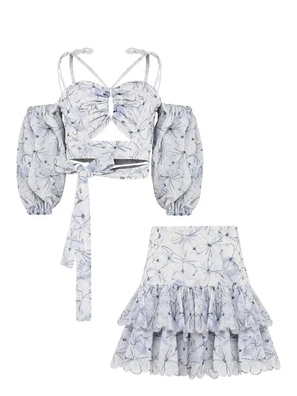 TIA DORRAINE Self-tie Crop Top & Mini Skirt Georgette Set - Blue/white
