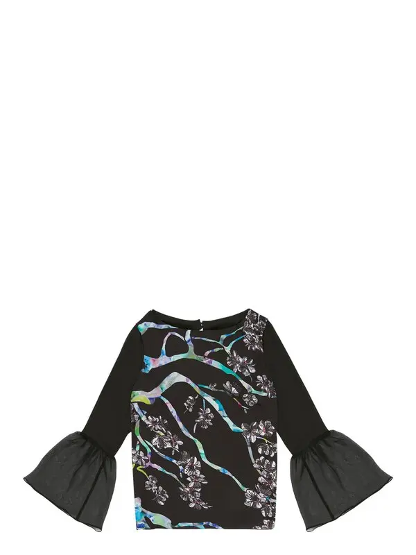 TRAMP IN DISGUISE Chika Satin Top With Floral Print And Flared Chiffon Sleeves - Black