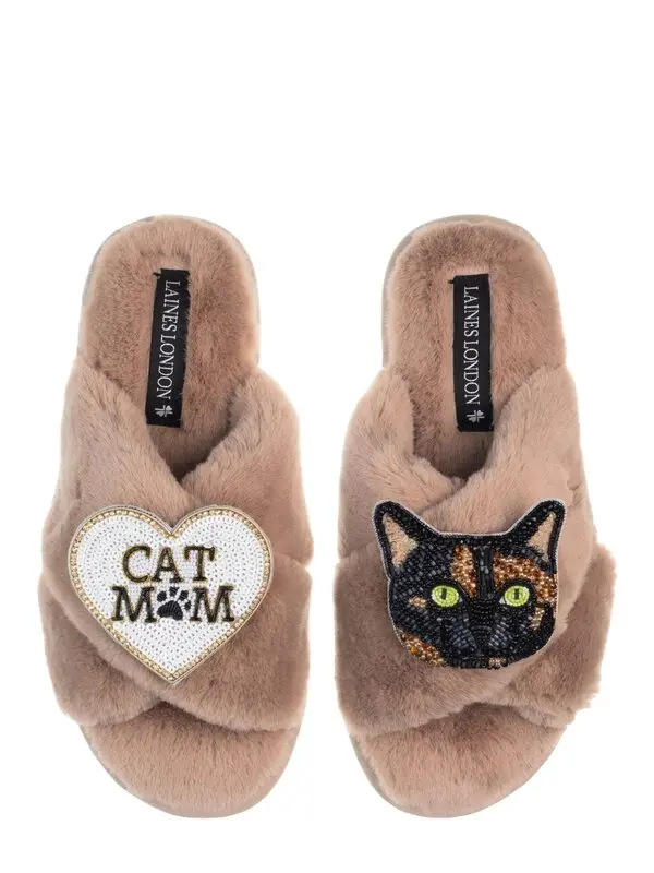 LAINES LONDON Classic Laines Slippers With Cat Mum/mom & Misty The Tortoiseshell Cat Brooches Toffee - Brown