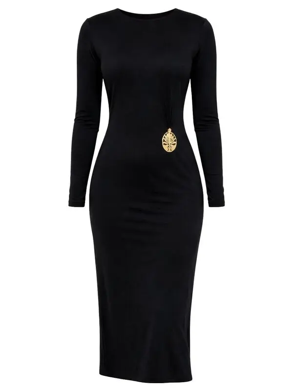 HOUSE OF GL Onyx Luxury Stretch Knit Long Sleeve Midi Dress With Gold Lotus Emblem - Black