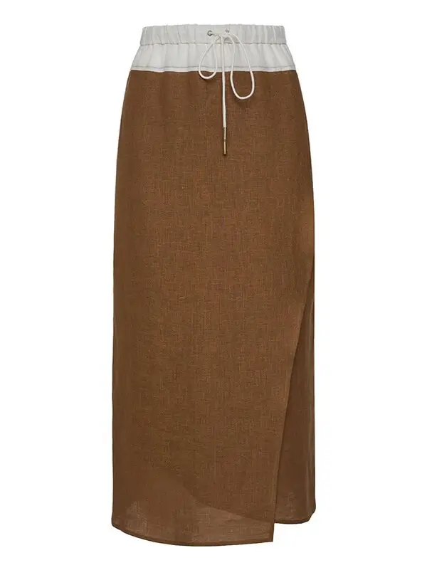 THE SUMMER EDIT Stella Luxe Linen Skirt Cognac - Brown