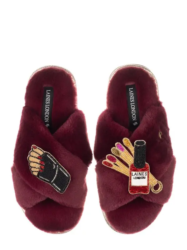 LAINES LONDON Classic Laines Slippers With Olive Nail Tech Brooches Burgundy - Red