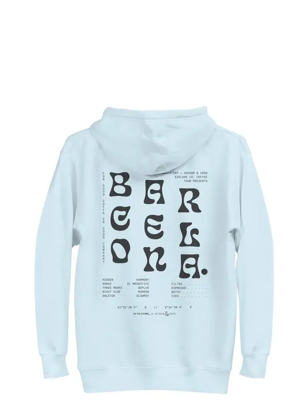 ANCHOR & CREW Sky Gustatory Barcelona Coffee Scene Cotton Blend Embroidered Hoodie - Blue