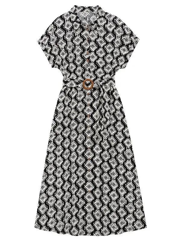 YUMI Viscose Midi Shirt Dress With Matching Belt - Black