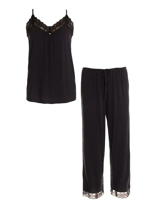 PRETTY YOU Bamboo Lace Cami Cropped Trouser Set In Raven - Black