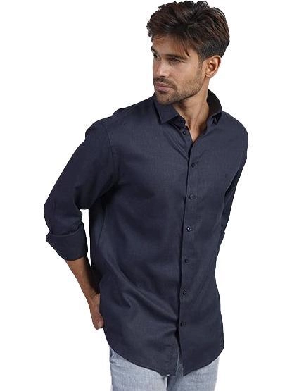 EIGHT X 100% Linen Button Long Sleeve Button Down Shirt Navy - Blue