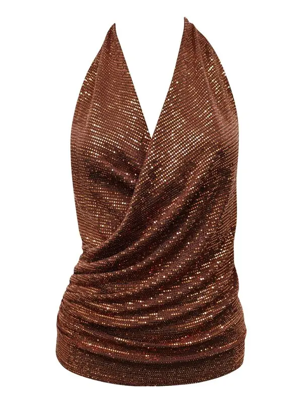 ME & THEE Lead Astray Copper Sequin Halter Neck Top - Brown