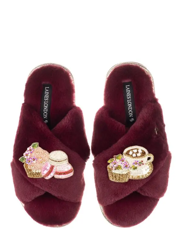 LAINES LONDON Classic Laines Slippers With Mother's Day Macaroon Brooches Limited Edition Burgundy - Red