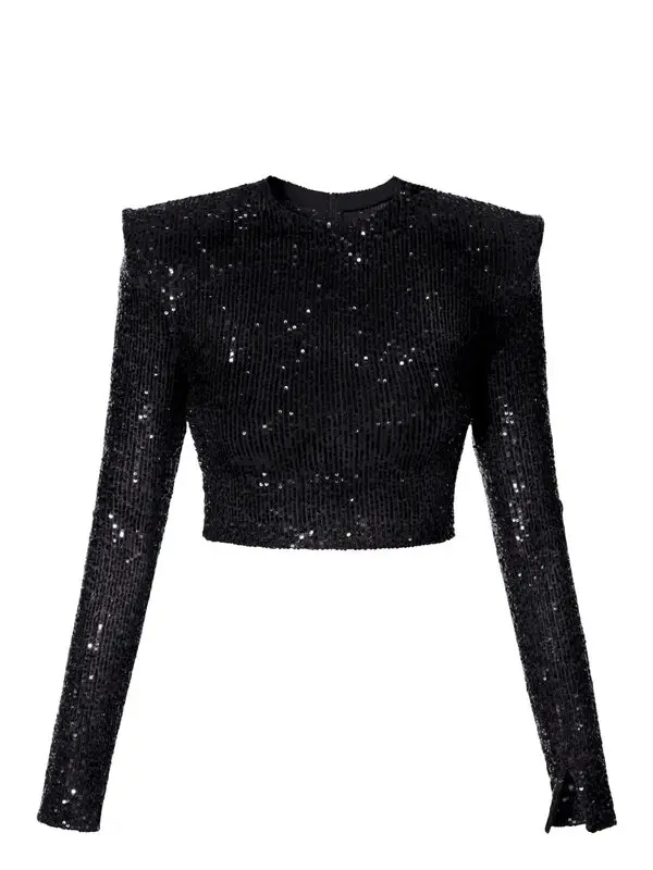 AGGI BY HALEWSKI Zoey Sparkle Sequin Long Sleeve Crop Top - Black