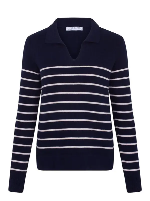 PAUL JAMES KNITWEAR Lightweight Cotton Colette Open Collar Breton Top Navy - Blue