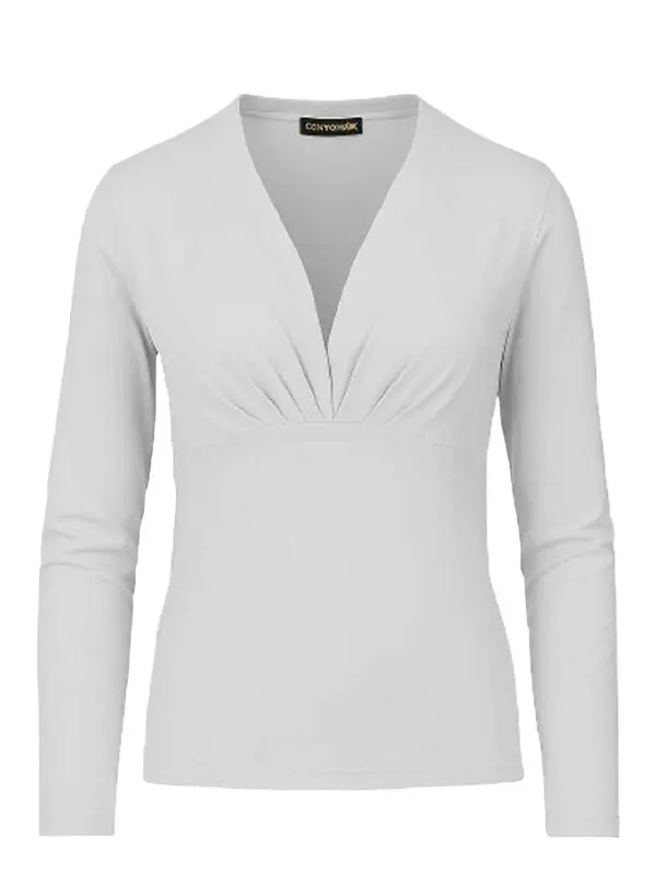 CONQUISTA Elegant V-neck Long Sleeve Jersey Top In Cotton-blend - Grey