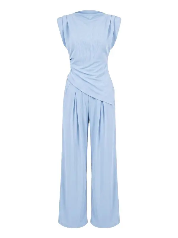 TANTRA SPAIN SL Set Of Straight Trousers And Side Pockets. Short Sleeve Top With Asymmetrical Length - Blue
