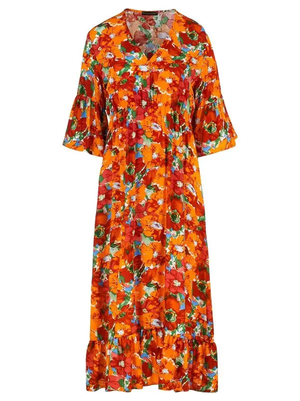 CONQUISTA Floral Ruffle Detail Midi Dress - Orange
