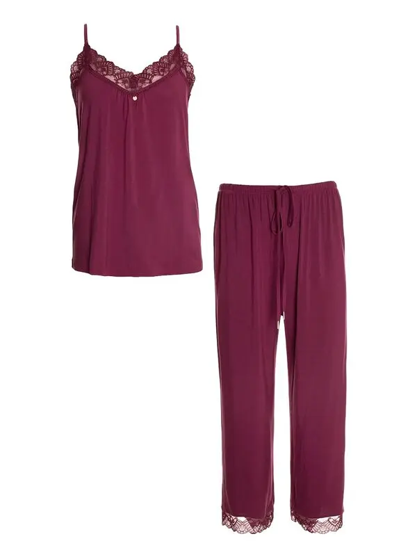 PRETTY YOU Bamboo Lace Cami Cropped Trouser Pj Set In Bordeaux - Red