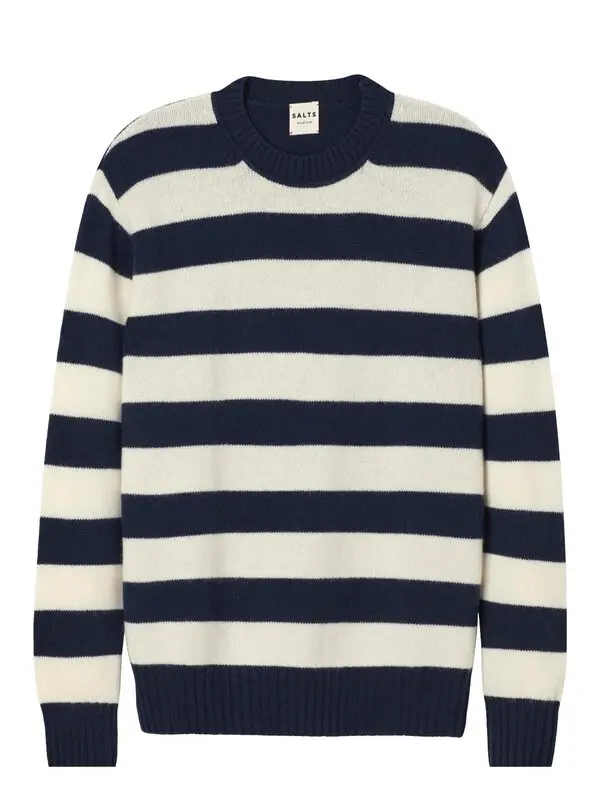 SALTS CASHMERE Lofty Knit Crew Neck Sweater Navy & Soft White - Blue/white