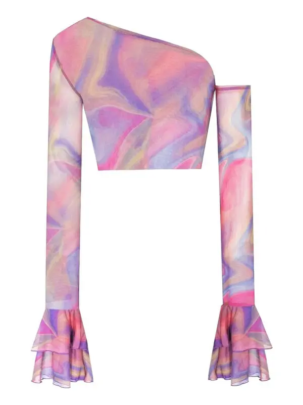 NO'DESIGN Sheer Crop Top With Ruffled Sleeves - Purple