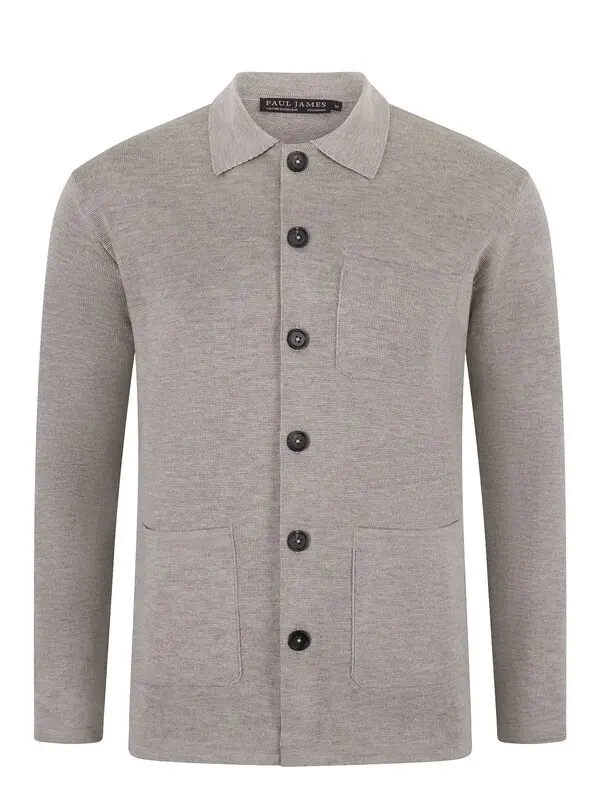PAUL JAMES KNITWEAR Extra Fine Merino Wool Fabrizio Work Shirt Barley - Grey