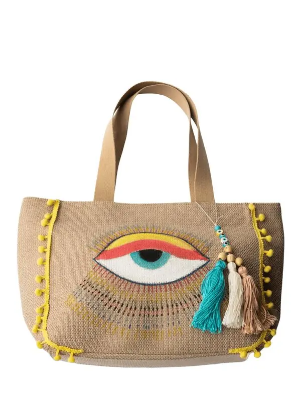 CASA DUNIYA Neutrals Antalya Hand-painted Evil Eye Beach Bag – Pom Pom Edition - Yellow