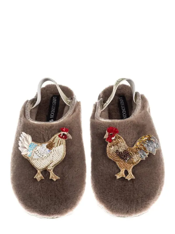 LAINES LONDON Brown / Gold / Neutrals Flatform Cloud Closed Toe Slippers With Chicken & Rooster Brooches Mink - Brown/gold