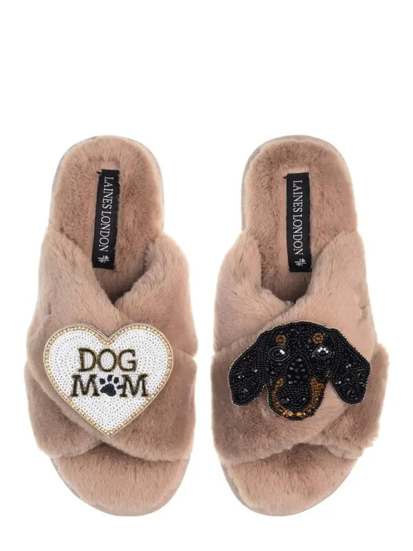 LAINES LONDON Classic Laines Slippers With Little Sausage The Dachshund & Dog Mum / Mom Brooches Toffee - Brown