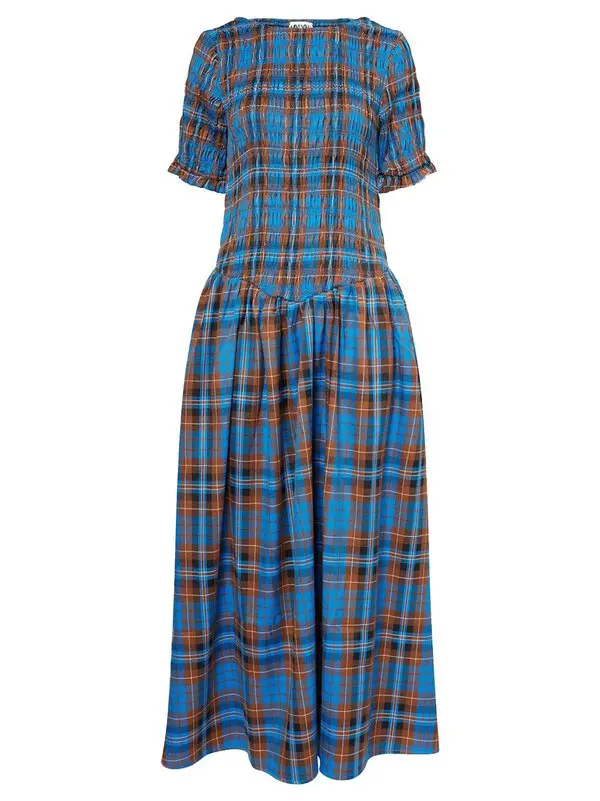 AMY LYNN Beatrix Pure Cotton Smocked Plaid Midi Dress - Blue