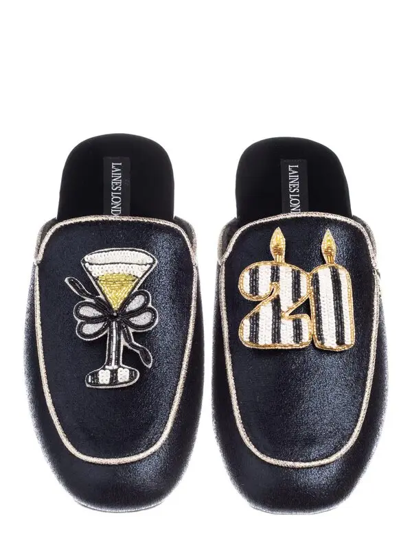 LAINES LONDON Black / Gold Classic Mules With Stripe 21st Birthday & Champagne Brooches Black & Gold - Black/gold