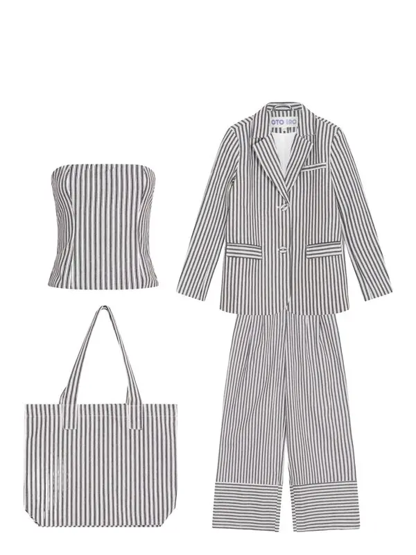 LONDON ATELIER BYPRODUCT White Striped Blazer Trousers Corset And Tote Bag Co Ordinates Set - Black