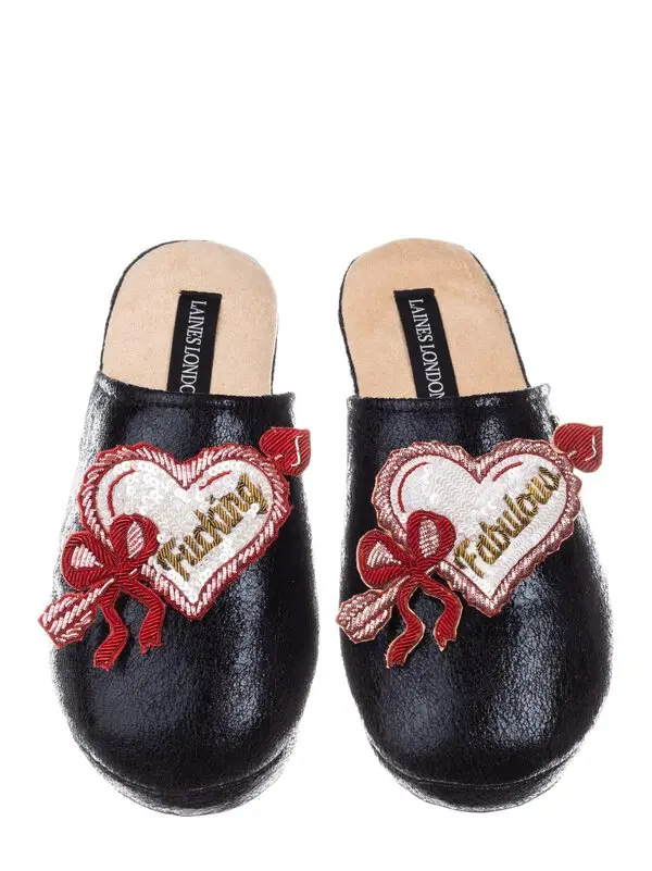 LAINES LONDON Softie Slippers With Fucking Fabulous Hearts Brooches - Black