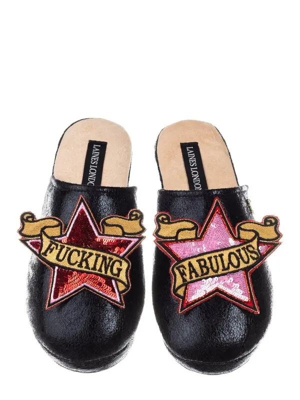 LAINES LONDON Softie Slippers With Red & Pink Fucking Fabulous Brooches - Black