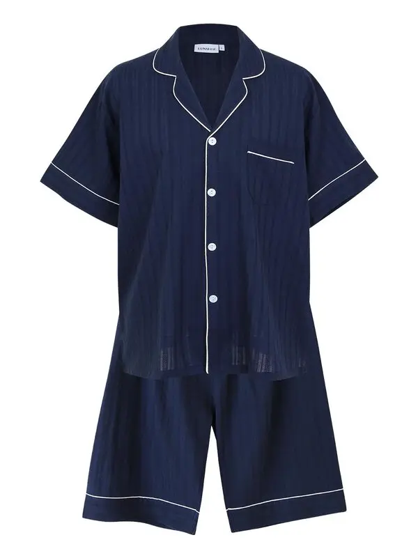 LUNALUZ Le Blanc Textured Cotton Short-sleeve Pajama Set – Navy - Blue