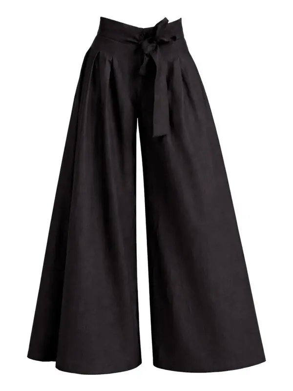 NIKKA PLACE Wrap Around Wide Leg Linen Pants With Front Tie - Black