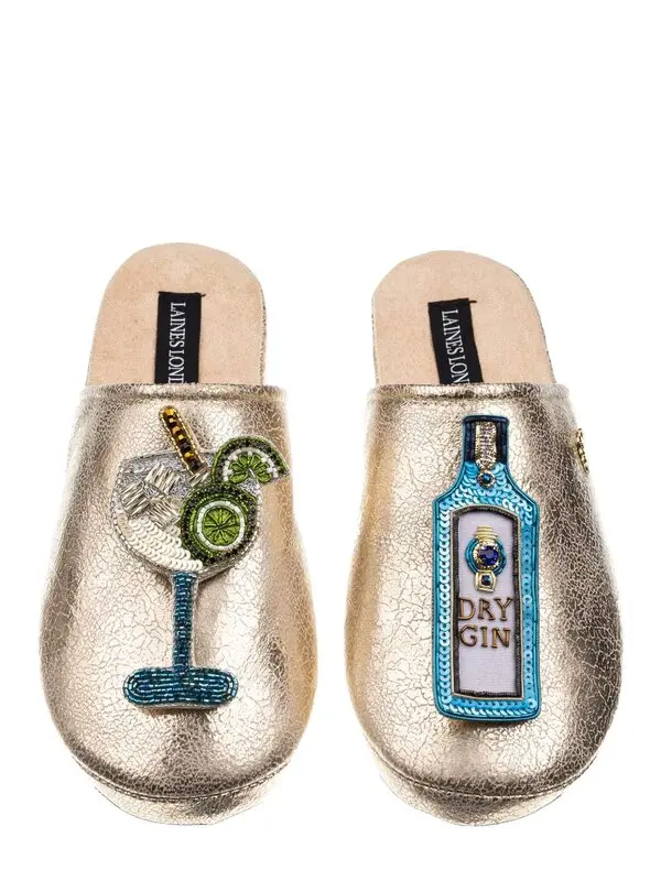 LAINES LONDON Softie Slippers With Sapphire Gin Brooches - Gold