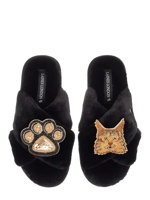 LAINES LONDON Classic Laines Slippers With Paw & Maine Coon Cat Brooches - Black