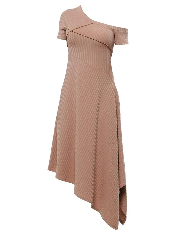 METAMORPHOZA Open Shoulder Asymmetrical Dress In Camel - Brown