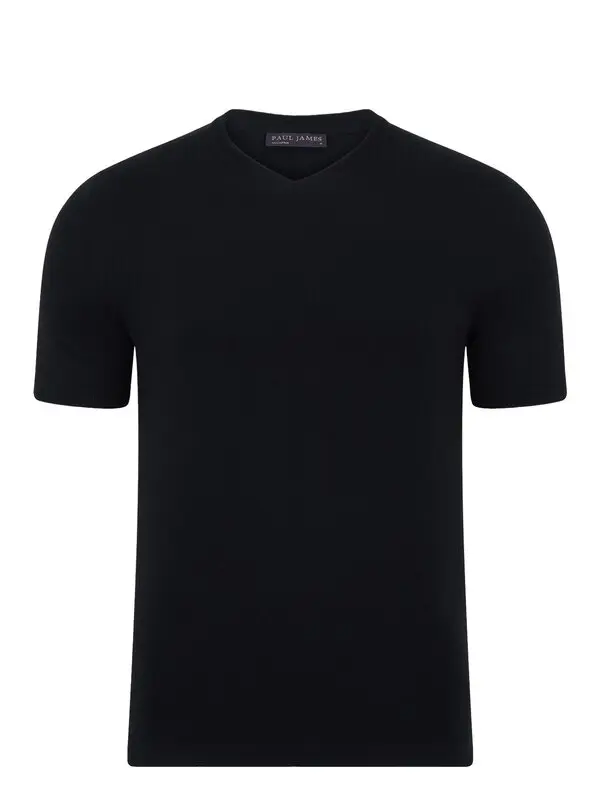 PAUL JAMES KNITWEAR Ultra Fine Cotton Hudsonn High V Neck Knitted T-shirt - Black