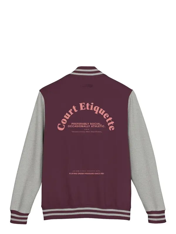 ANCHOR & CREW Grey / Red Burgundy & Heather Grey Court Etiquette Tennis Club League Cotton Varsity Letterman Jacket - Grey/red