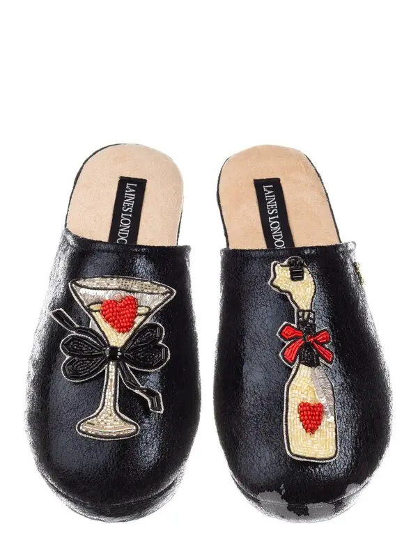 LAINES LONDON Softie Slippers With Popping Champagne Brooches - Black