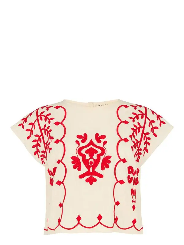 RAFFYA White / Red Fraya Cross Hatch Embroidered Crop Top In White - White/red