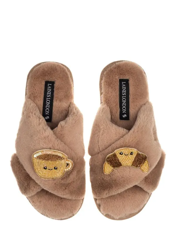 LAINES LONDON Classic Slippers With Laines Lovables Coffee & Croissant Brooches Toffee - Brown