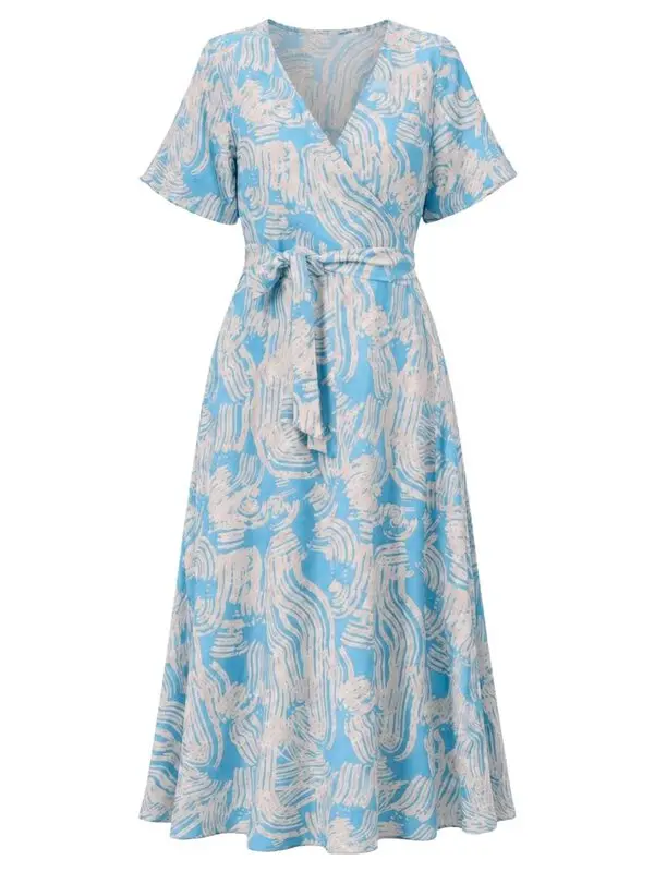 OH!ZUZA NIGHT&DAY Neutrals Echo Viscose Wrap Dress With Pockets Print - Blue