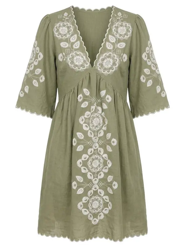 RAFFYA Arabella V- Neck Embroidered Mini Dress In Sage - Green
