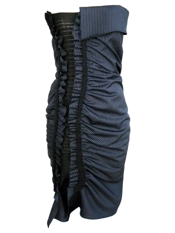 CCY CURRENCY Strapless Pinstripe Dress With Frilled Detailing - Black/blue