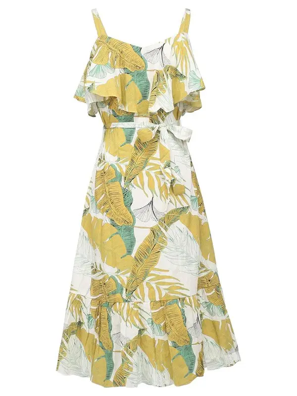 SMART AND JOY Tropical Printed Trapeze Dress With Ruffles And Thin Straps - Yellow