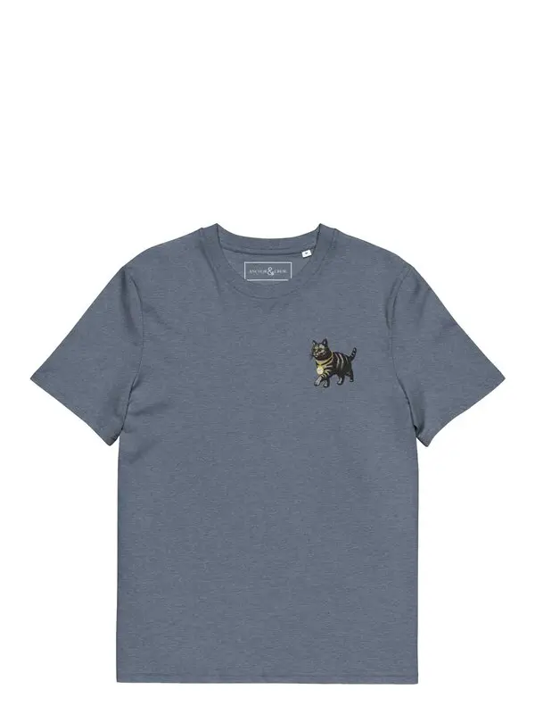 ANCHOR & CREW Heather Cool Cat Actual Life Organic Cotton Embroidered T-shirt - Blue