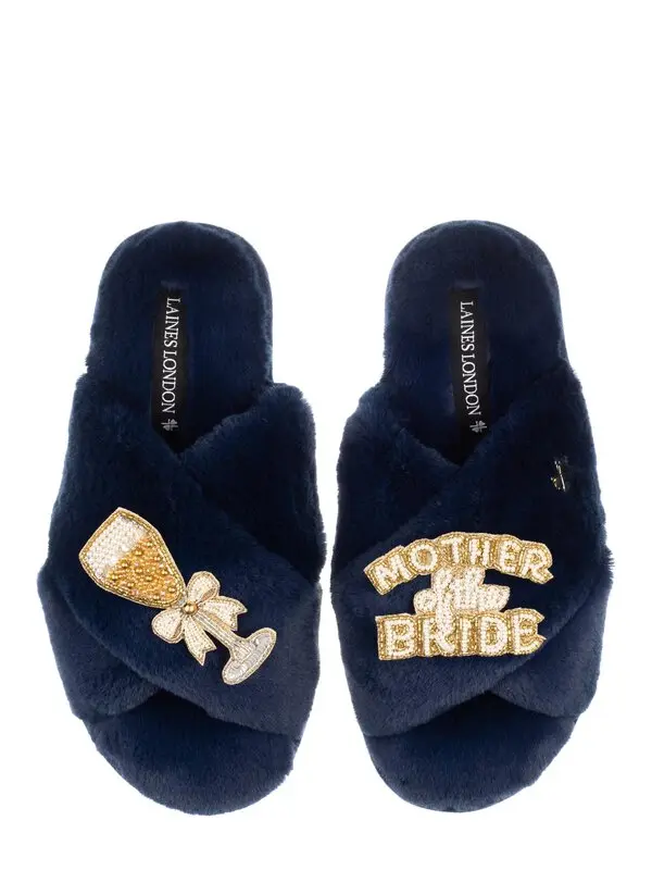 LAINES LONDON Classic Laines Slippers With Mother Of The Bride Brooches Navy - Blue