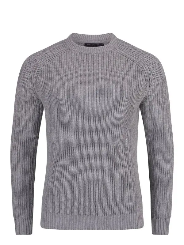 PAUL JAMES KNITWEAR Heavyweight Cotton Clark Fisherman Rib Knit Jumper Ash - Grey