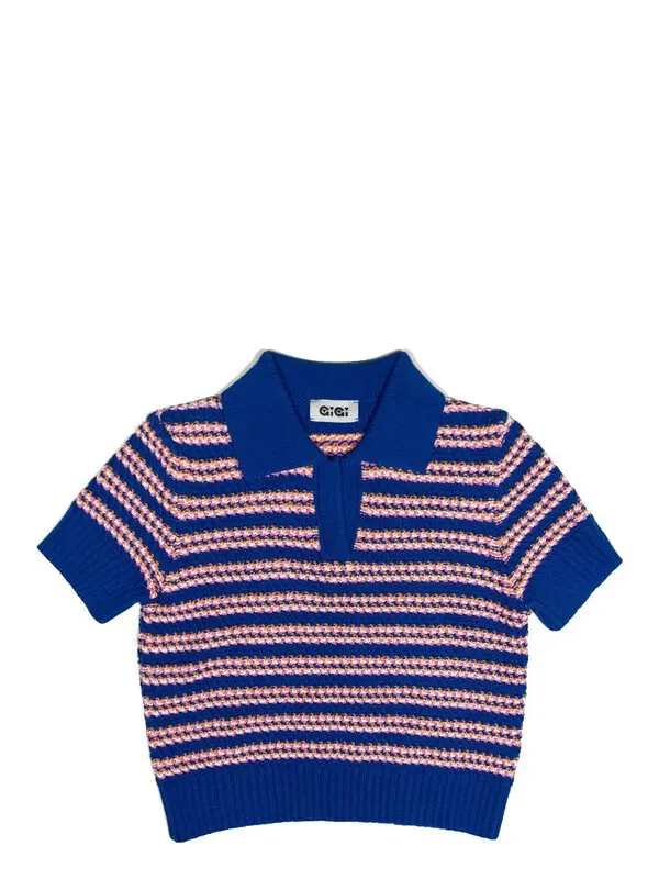 GIGI KNITWEAR Stripe Polo Top In Cobalt Multi - Blue