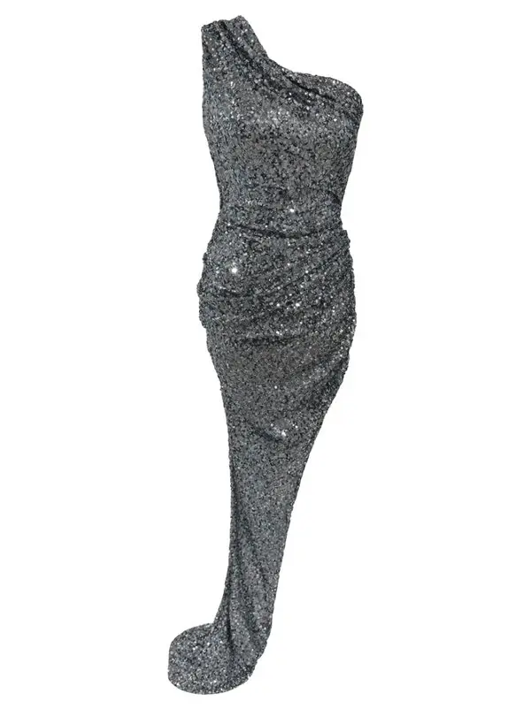 MONICE LONDON Mimi One Shoulder Asymmetric Sequin Dress- Gunmetal - Silver