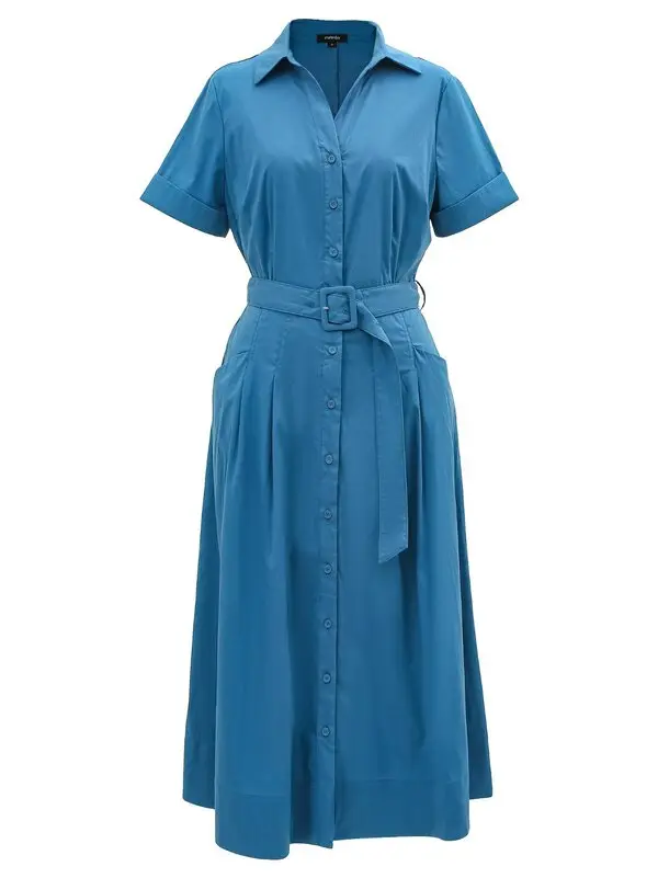 SMART AND JOY Flared Cotton Shirt Dress - Blue