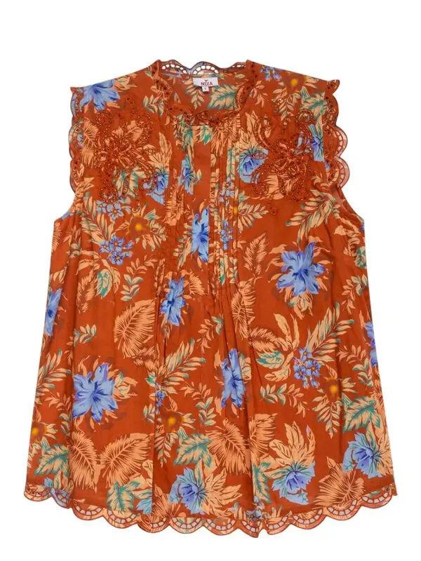 NIZA Printed Blouse With A Fluid Fit And Short Sleeves - Orange